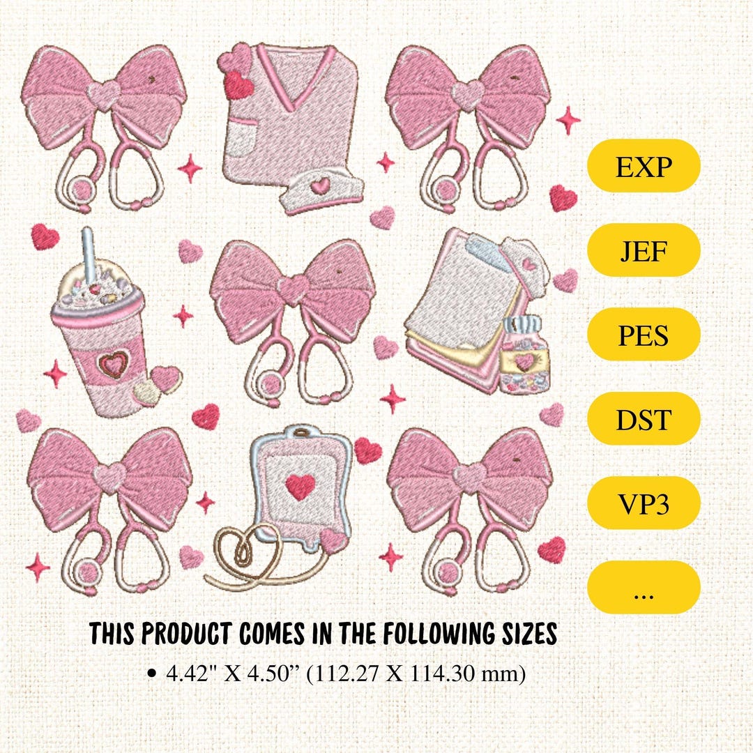 Nurse Embroidery Design | Stethoscope Bows & Medical Essentials Heart ...