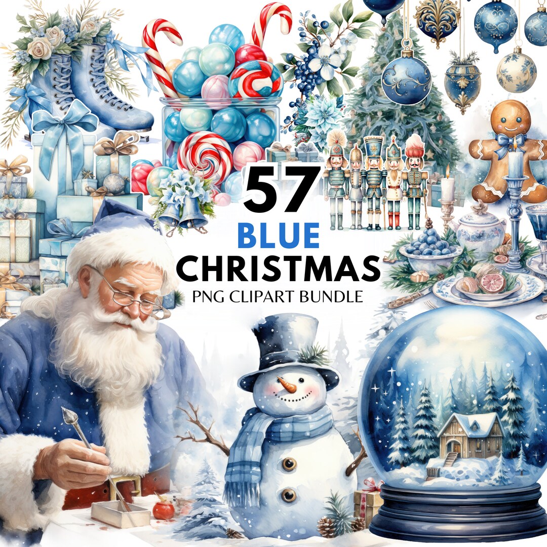Blue Christmas Clipart Bundle, Watercolor Cottagecore PNG (digital ...