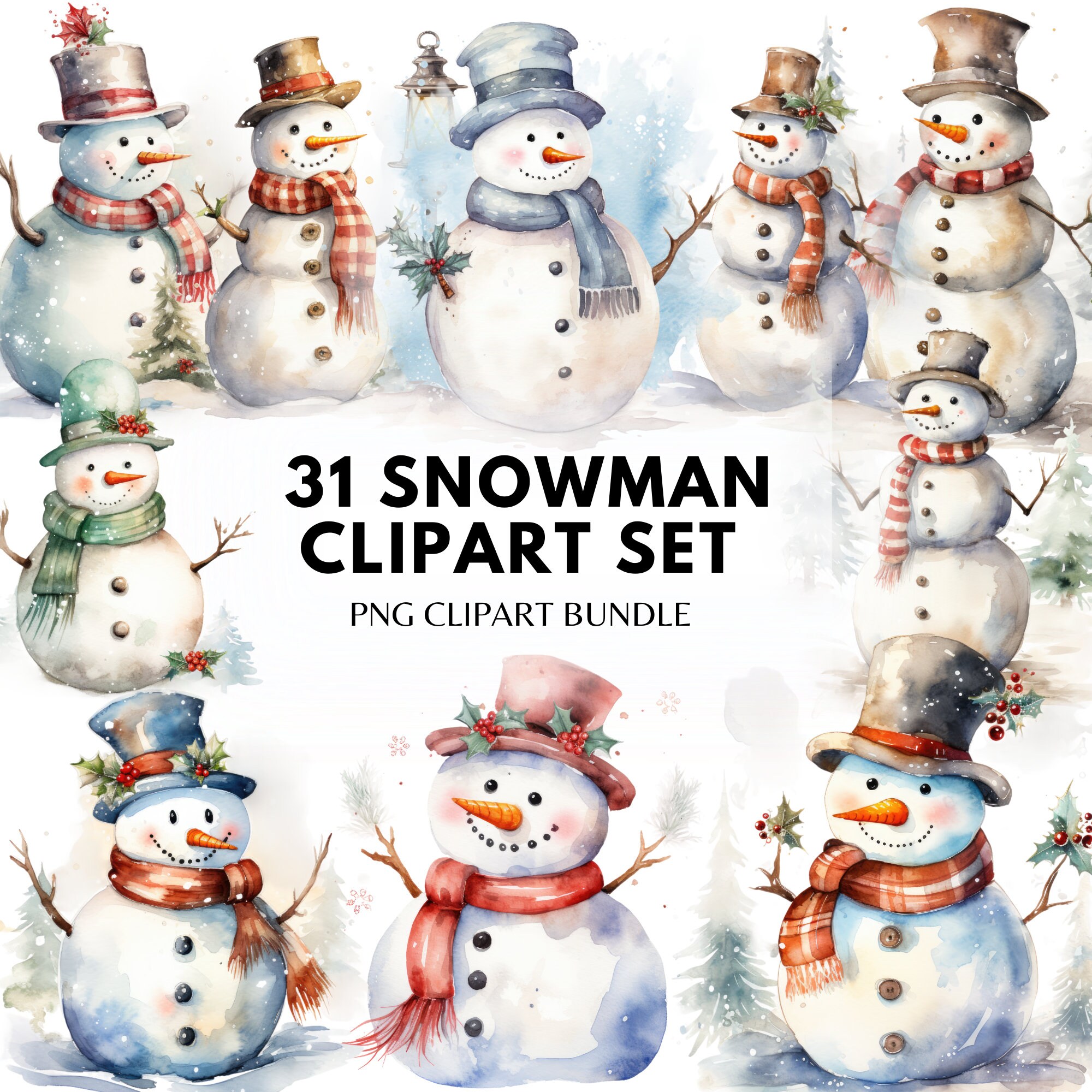 Watercolor Christmas Snowman Clipart Pastel Christmas Vintage Snowman ...