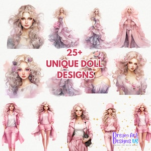 Pink Fashion Doll Watercolor Clipart Set Pink Doll Designs PNG Digital ...