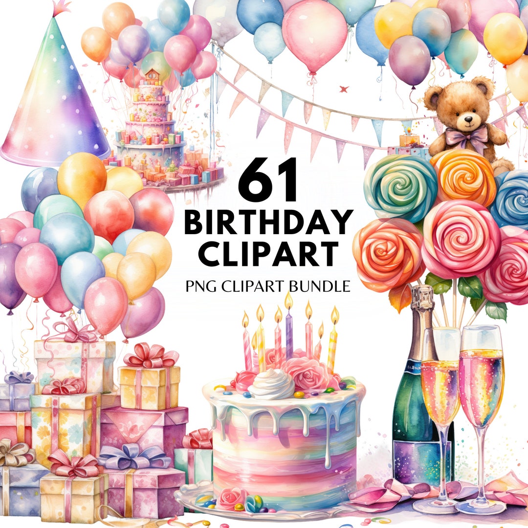 Watercolor Birthday Clipart Bundle Party Cake Birthday Present Balloon ...