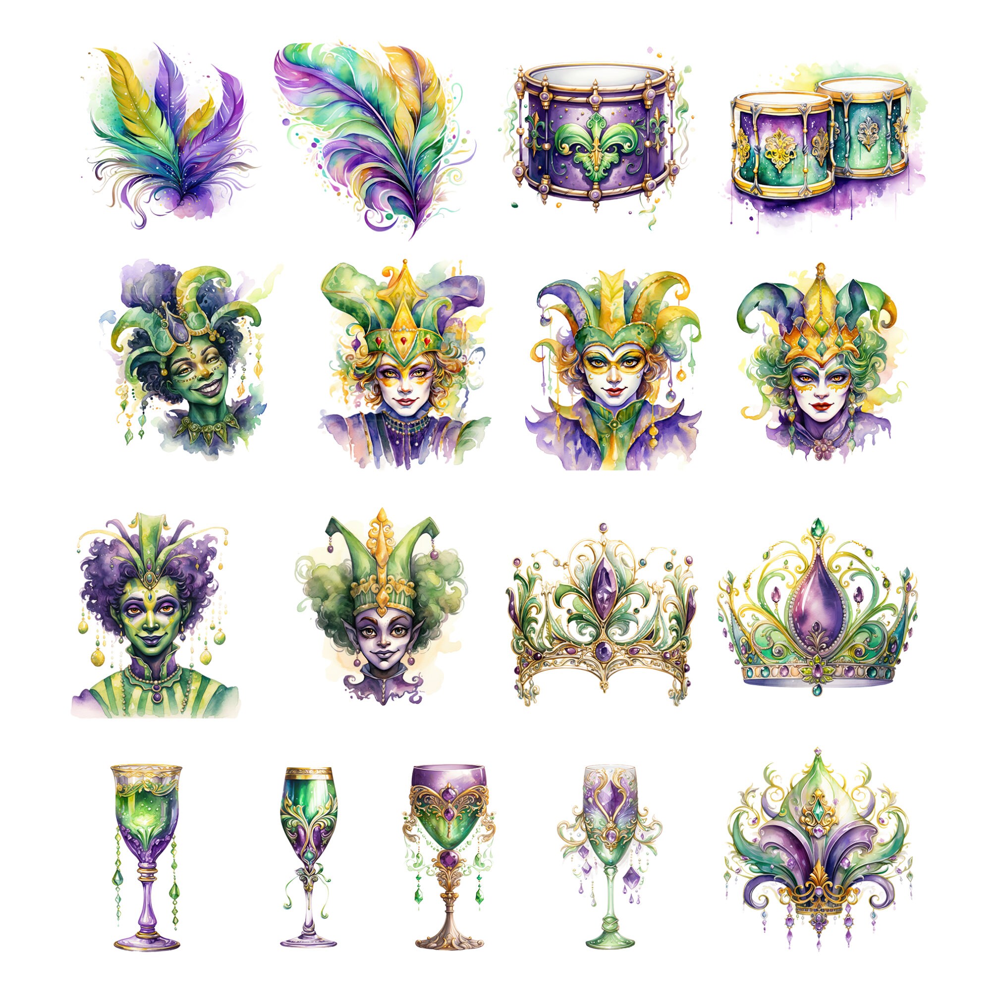Watercolor Mardi Gras Clipart PNG Bundle King Cake Clipart Masquerade ...
