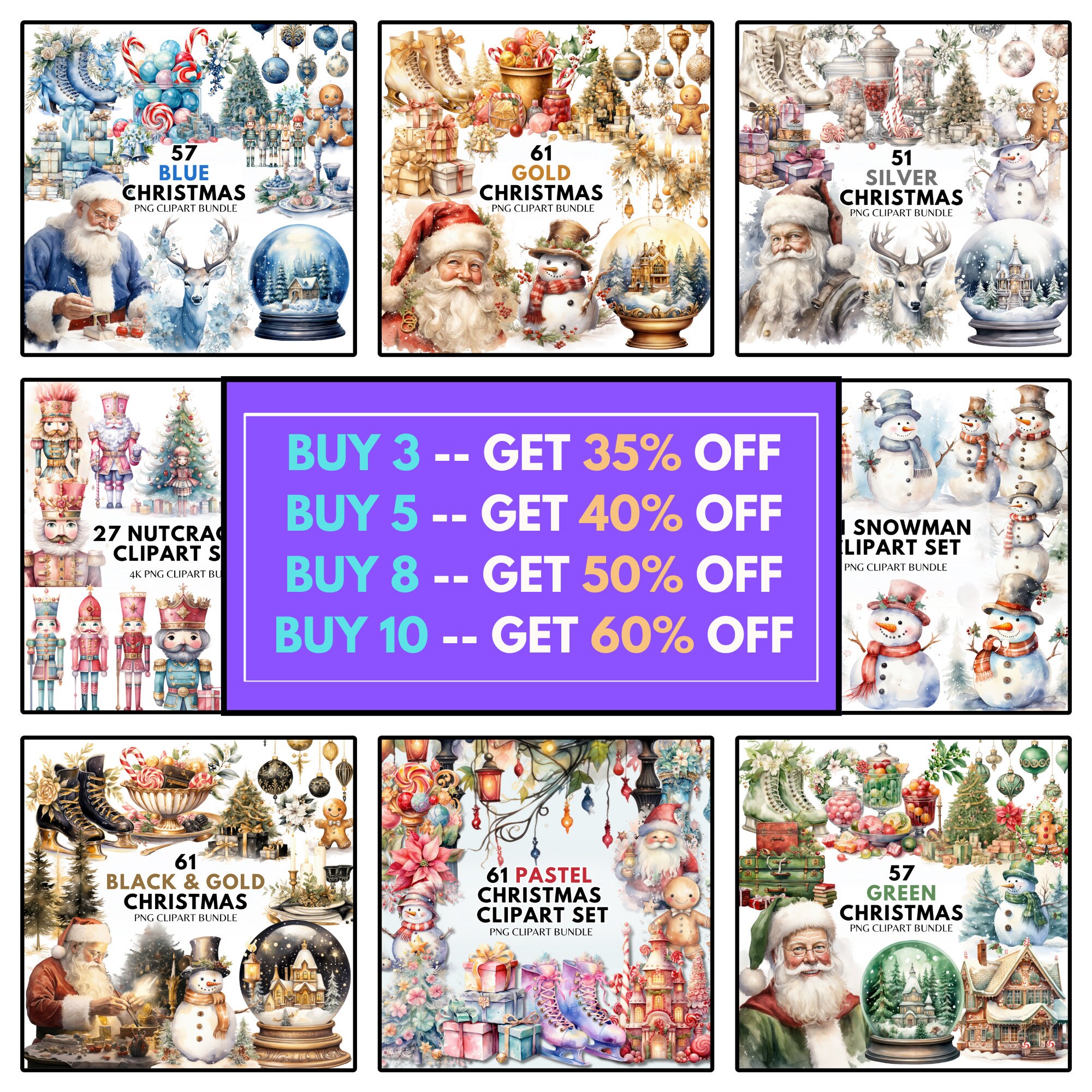 Blue Christmas Clipart Bundle, Watercolor Cottagecore PNG (digital ...