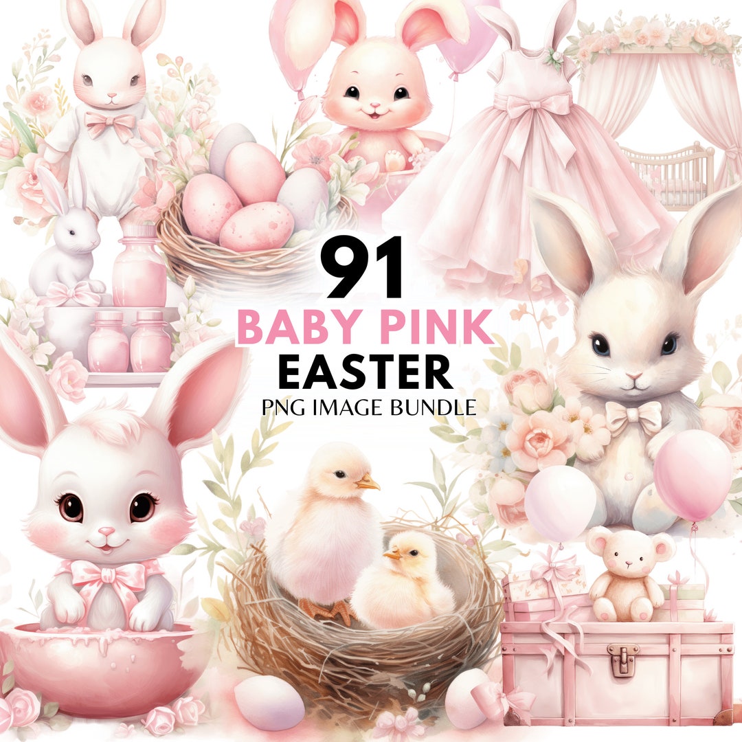 Pink Easter Clipart Baby Girl Watercolor Easter Bunny Clipart Bundle ...