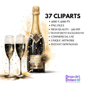 Happy New Year Clipart PNG New Years Eve Watercolor Bundle Black and ...