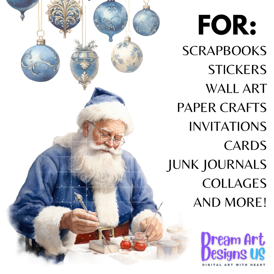 Blue Christmas Clipart Bundle, Watercolor Cottagecore PNG (digital ...