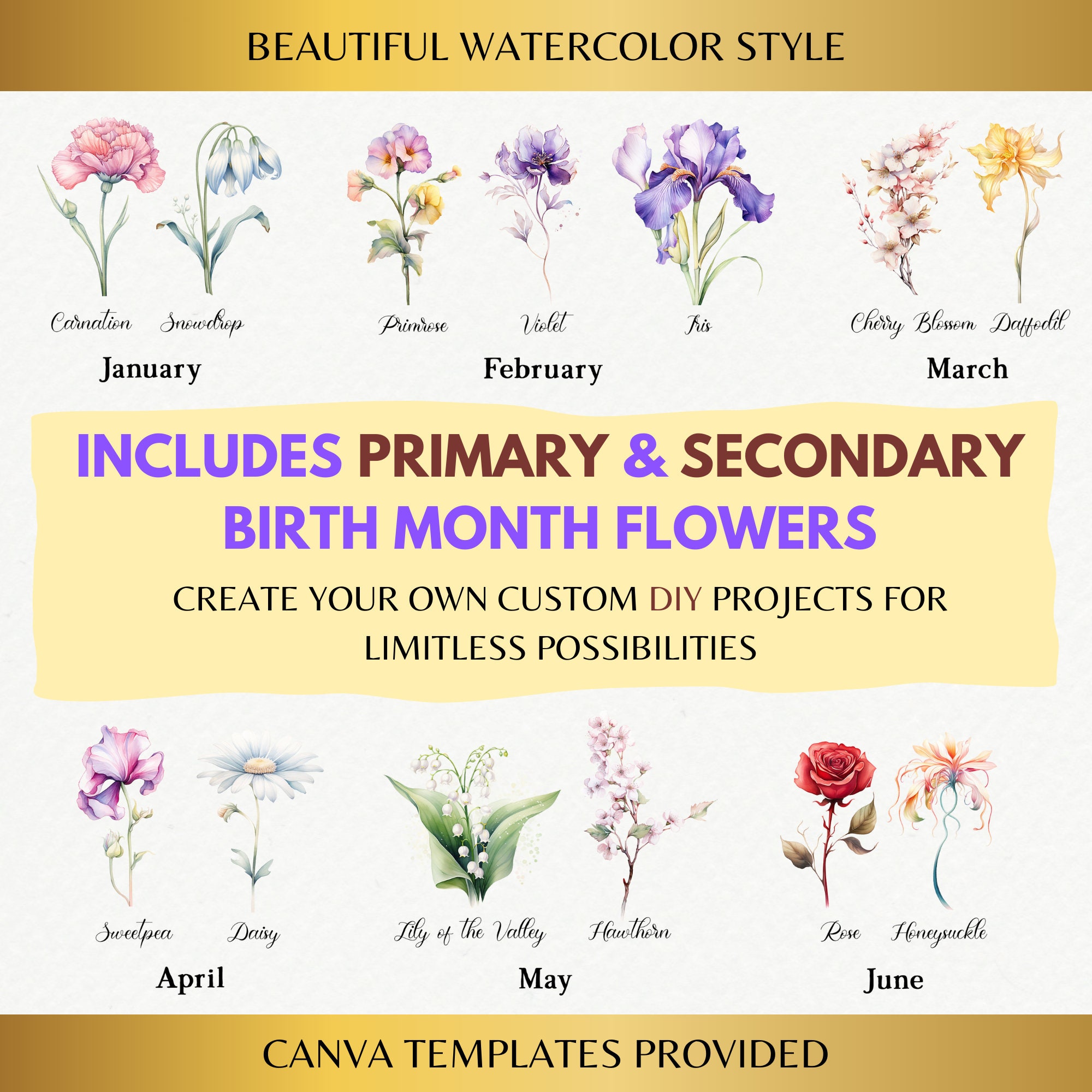 Watercolor DIY Birth Month Flower Creator Bundle, Birth Month Flower ...