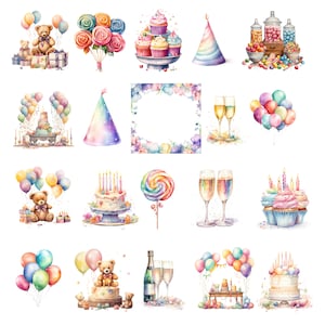 Watercolor Birthday Clipart Bundle Party Cake Birthday Present Balloon ...