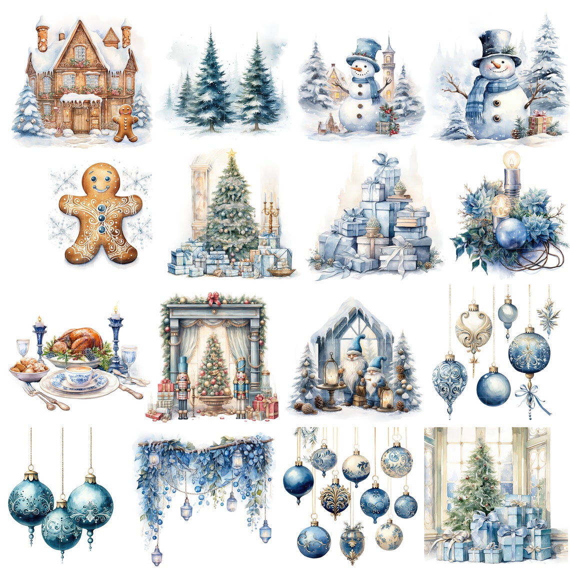 Blue Christmas Clipart Bundle, Watercolor Cottagecore PNG (digital ...