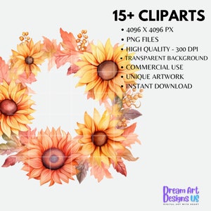 Fall Sunflower Wreaths Clipart PNG Bundle Fall Flower Clipart Png ...