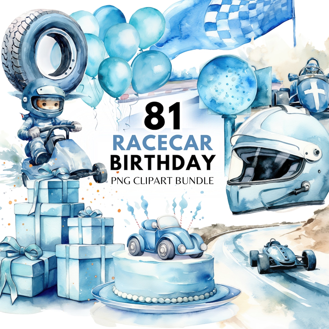 Watercolor Racecar Birthday Clipart Bundle First Birthday Decor Boy ...