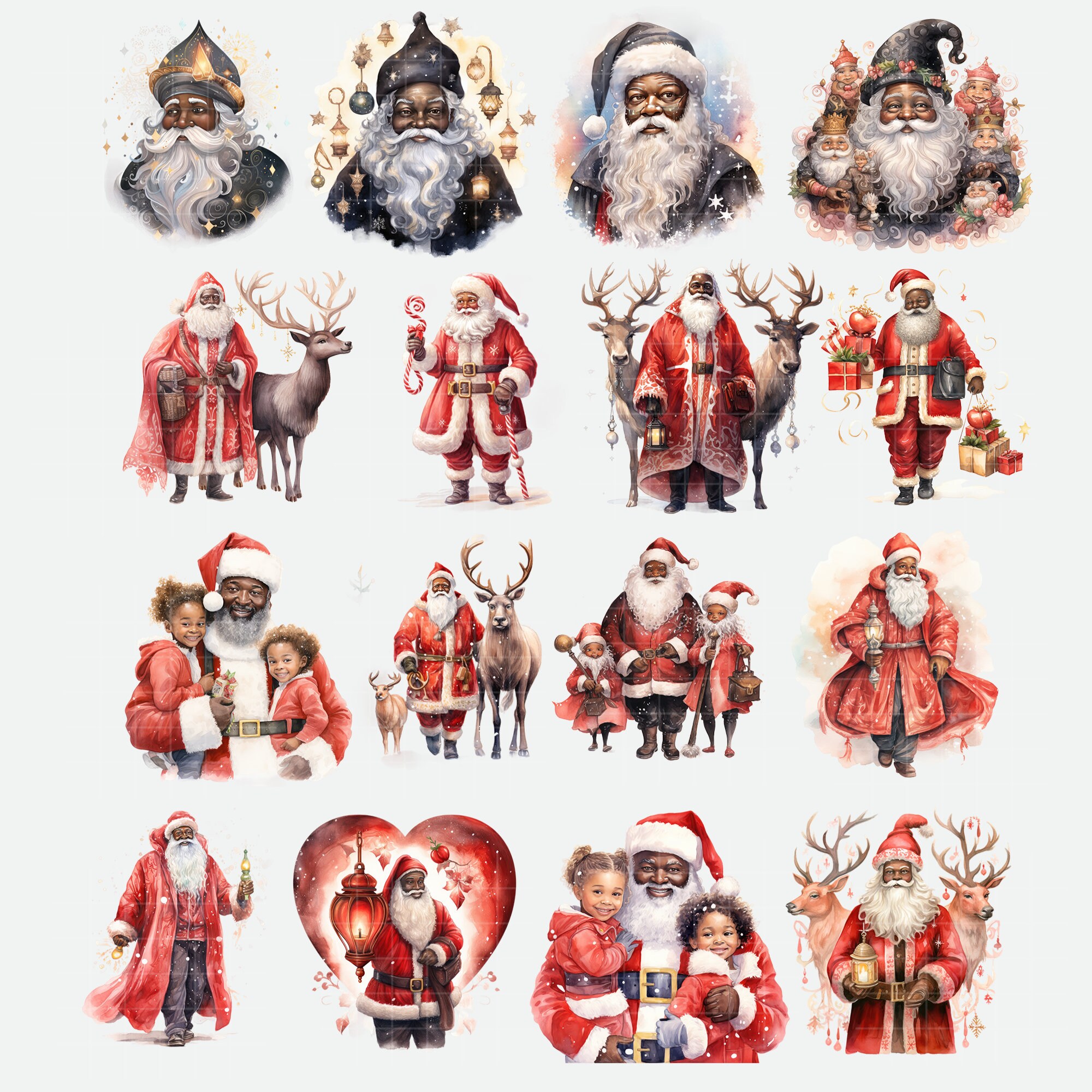 Watercolor Black Santa Claus Clipart Bundle Christmas PNG Black ...