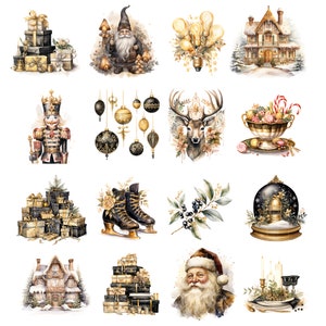 Black & Gold Christmas PNG Clipart Bundle Watercolor Black and Gold ...