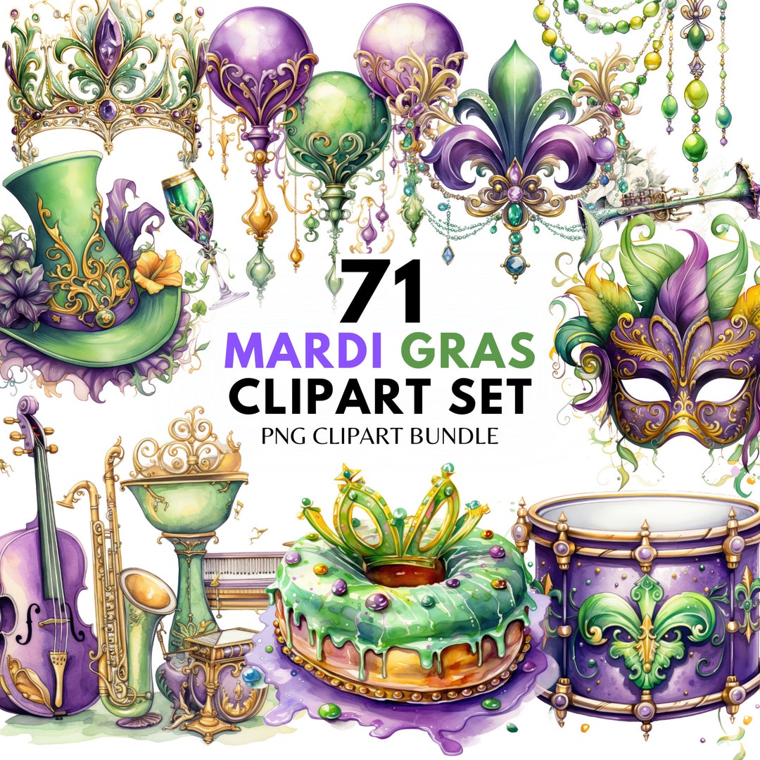 Watercolor Mardi Gras Clipart PNG Bundle King Cake Clipart Masquerade ...