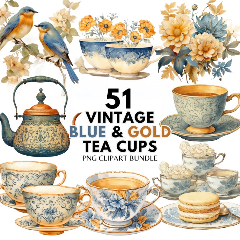 Vintage Blue Teacup Clipart PNG Bundle Tea Party Clipart Floral Teacups ...
