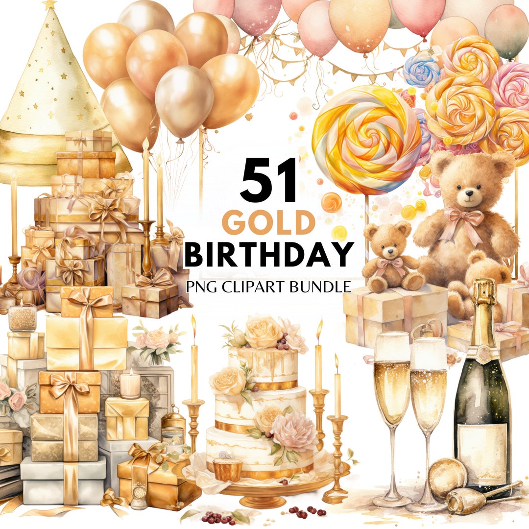 Gold Birthday Clipart Bundle Party Cake Birthday Present Balloon Happy ...