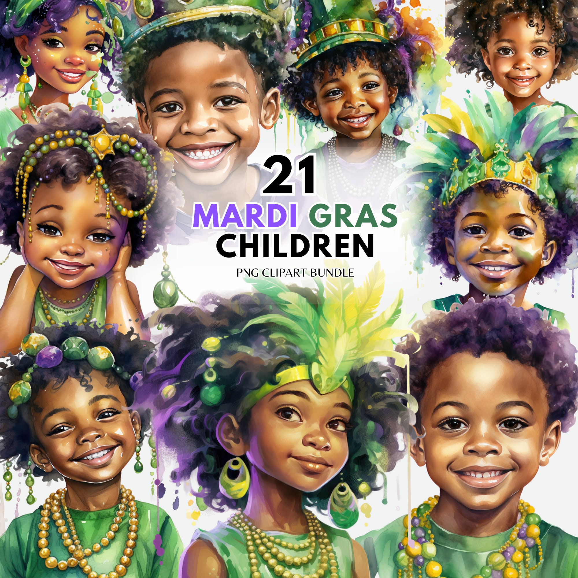 Watercolor Mardi Gras Kids PNG Clipart Bundle PNG Mardi Gras Clipart ...
