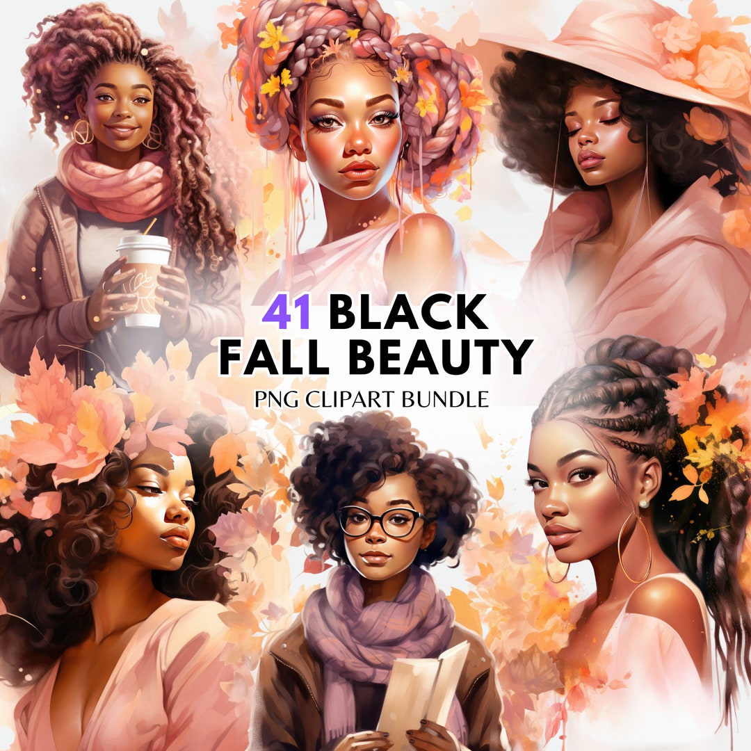 Chic Black Woman Fall Babe PNG Clipart Set Bundle Watercolor Autumn ...
