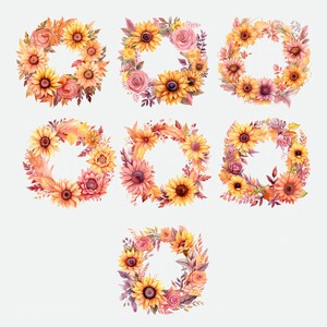 Fall Sunflower Wreaths Clipart PNG Bundle Fall Flower Clipart Png ...