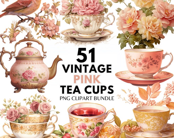 Vintage Blue Teacup Clipart PNG Bundle Tea Party Clipart Floral Teacups ...