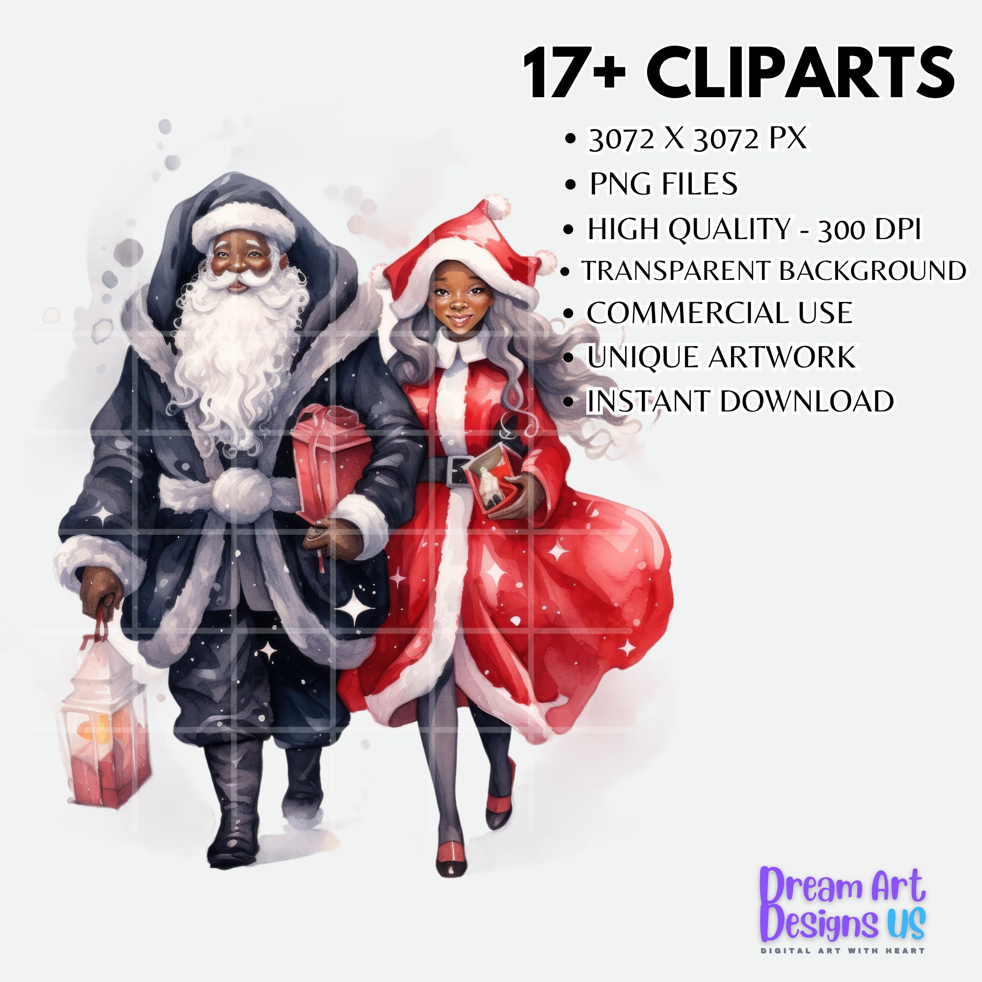 Watercolor Black Mr and Mrs Claus Clipart Christmas PNG Bundle ...