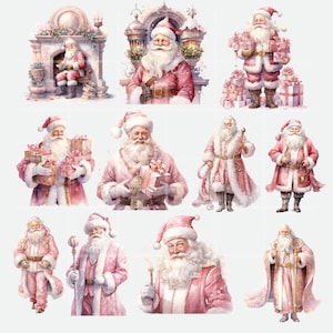 Watercolor Pink Santa Claus Clipart Bundle Christmas PNG Pastel ...