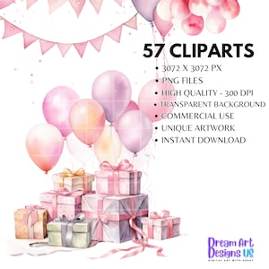 Pink Birthday Clipart Bundle Party Cake Birthday Present Balloon Happy ...
