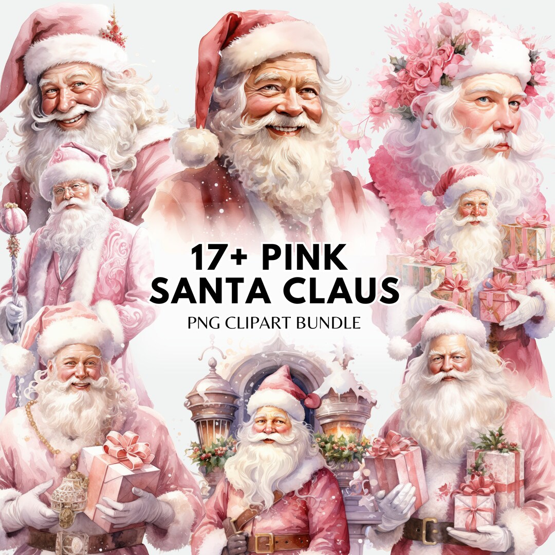 Watercolor Pink Santa Claus Clipart Bundle Christmas PNG Pastel ...