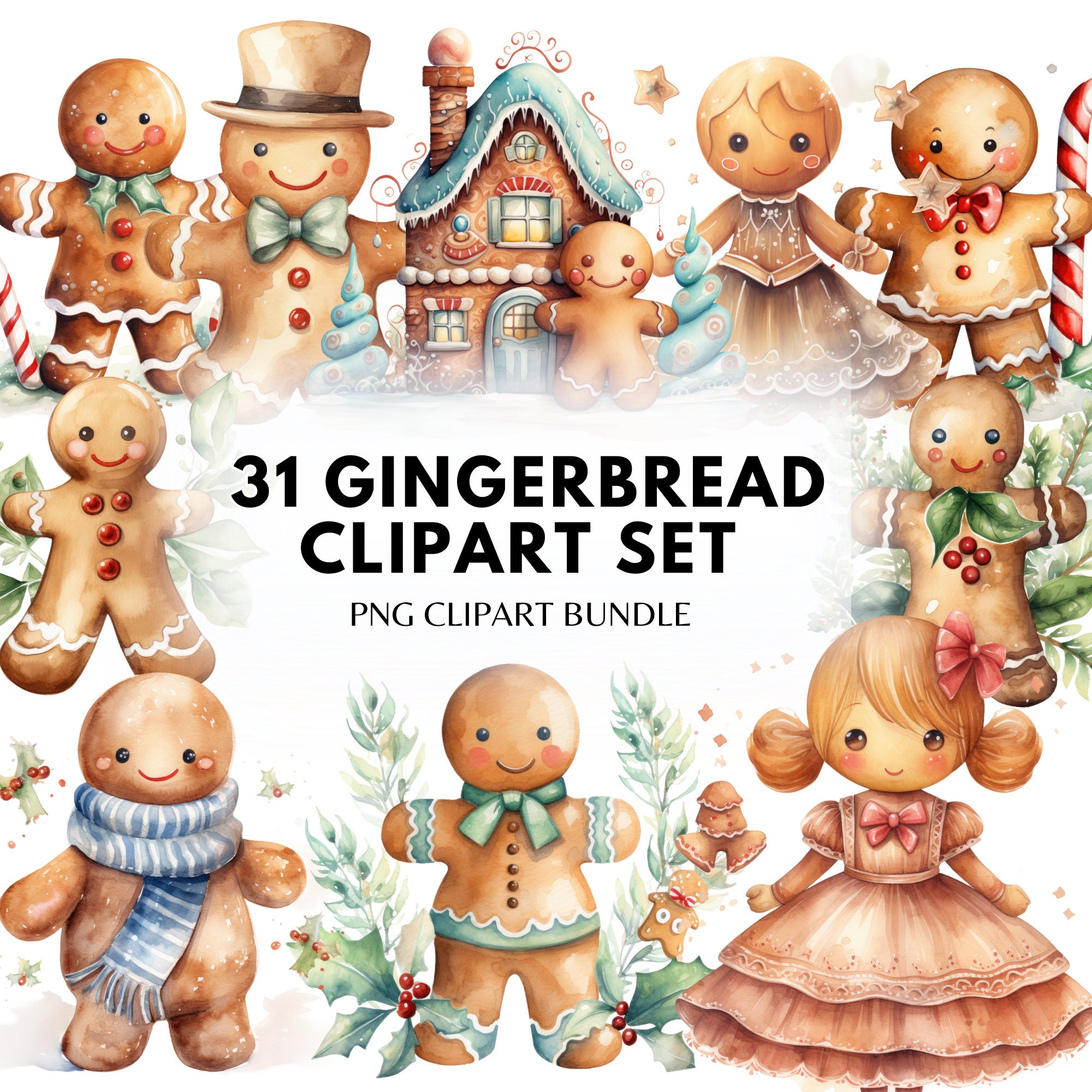 Watercolor Gingerbread Man Clipart Christmas PNG Bundle Digital ...