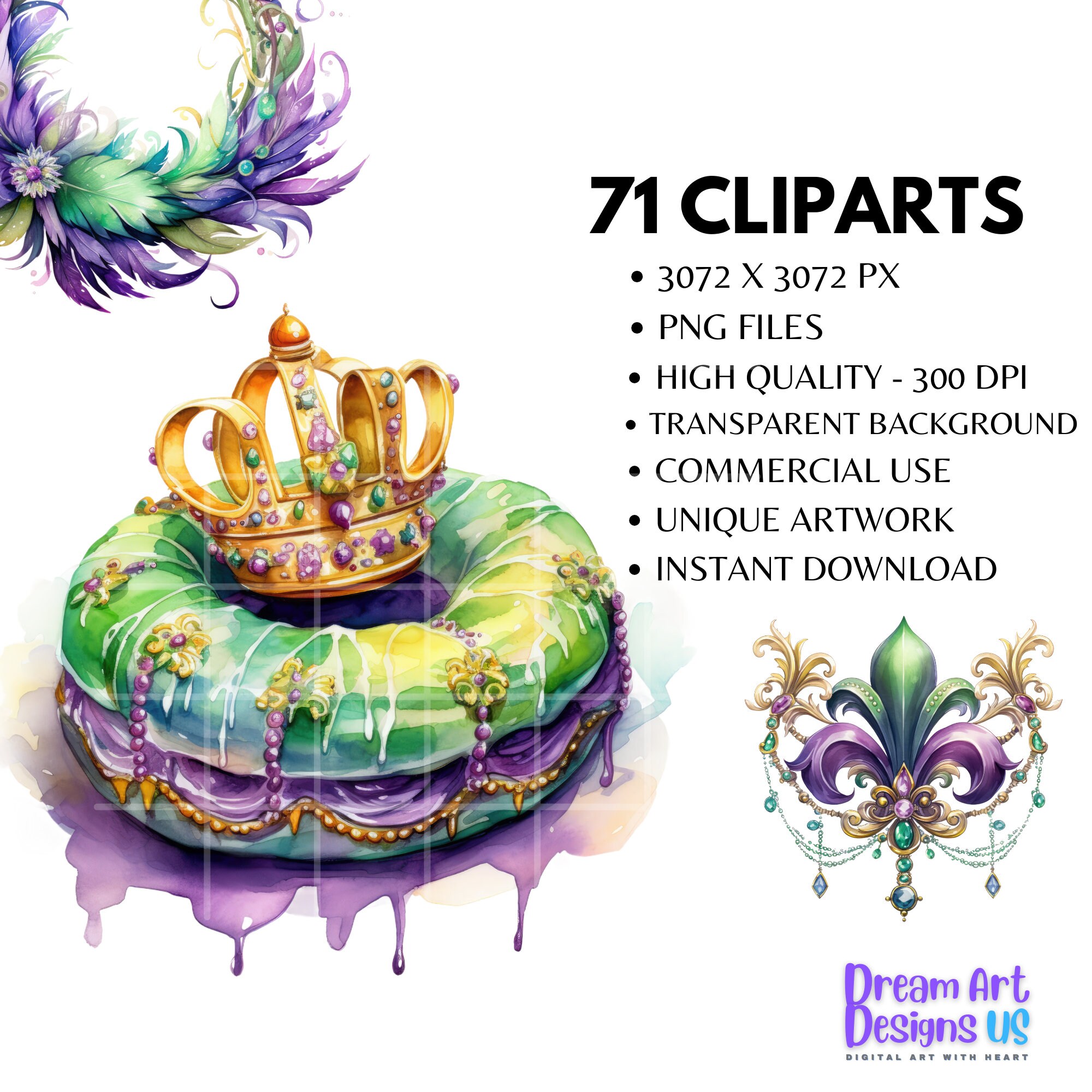 Watercolor Mardi Gras Clipart PNG Bundle King Cake Clipart Masquerade ...