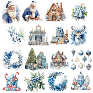 Blue Christmas PNG Clipart Bundle Watercolor Blue Cottagecore Christmas ...