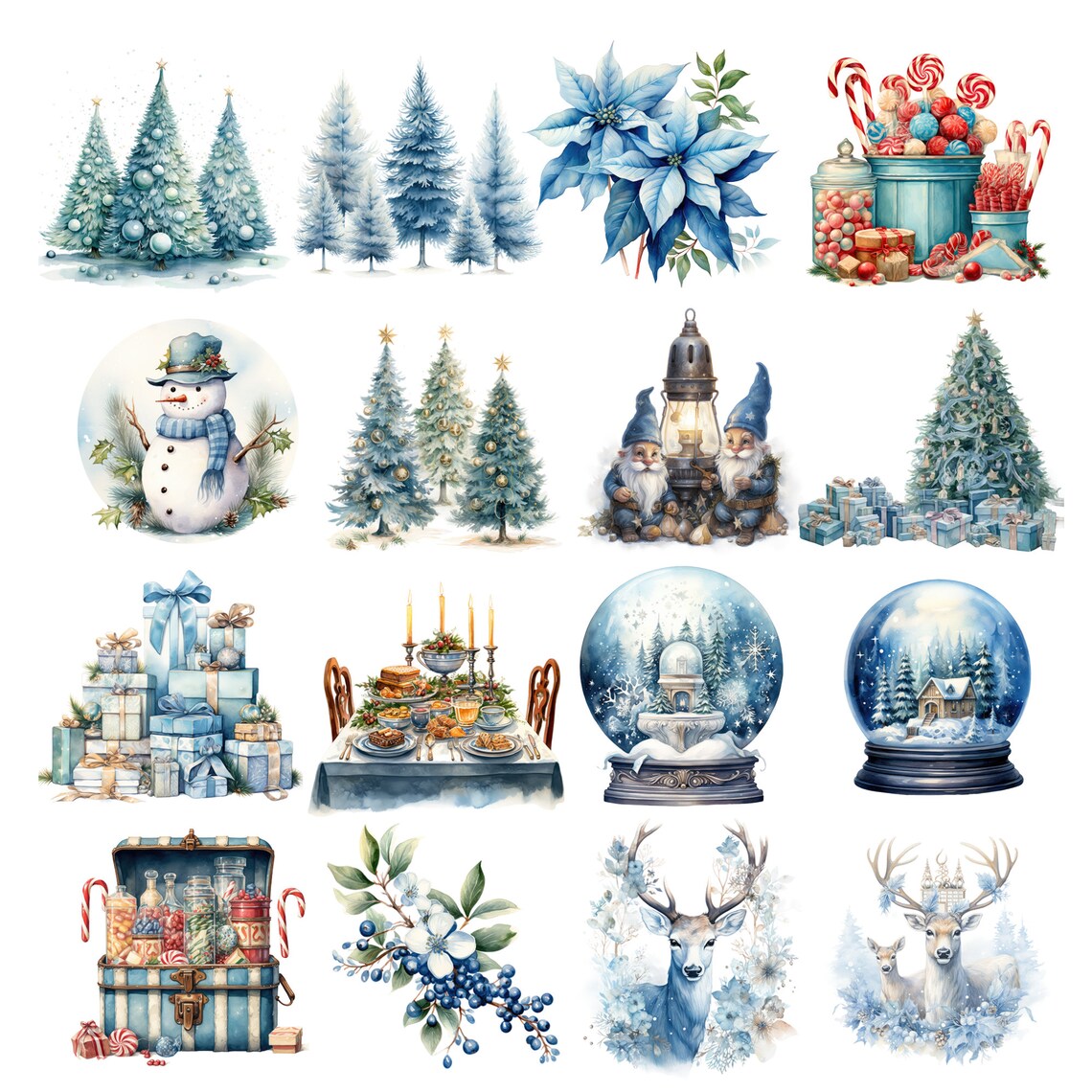 Blue Christmas Clipart Bundle, Watercolor Cottagecore PNG (digital ...