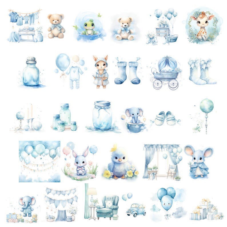 Baby Boy Baby Shower Watercolor Clipart Bundle Newborn Baby Clipart ...