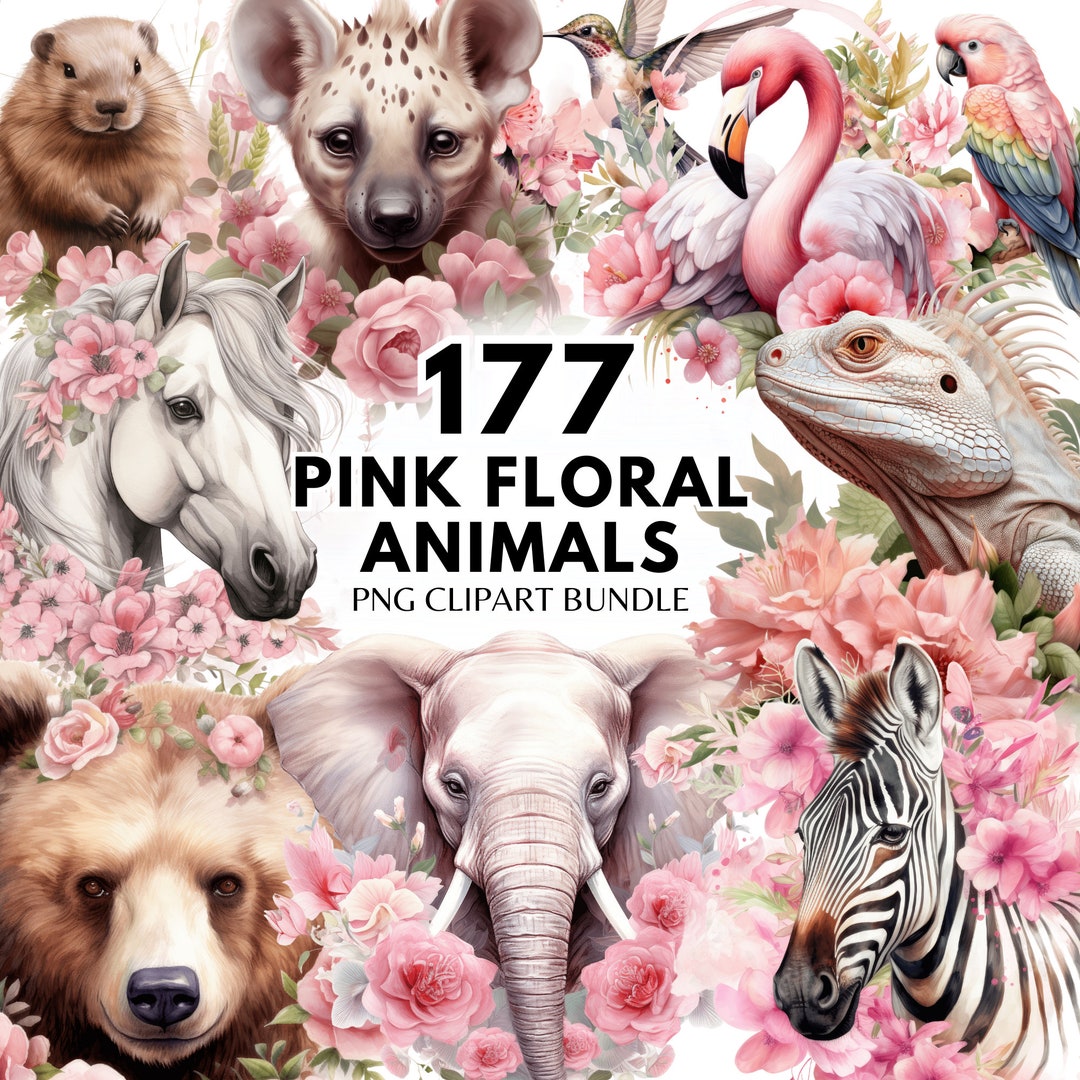 Pink Animal Clipart Watercolor Pink Floral PNG Animal Sticker Zoo ...