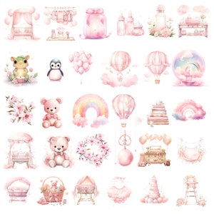 Baby Girl Baby Shower Watercolor Clipart Bundle Newborn Baby Clipart ...