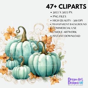 Teal Pumpkin PNG Fall Clipart Bundle Pumpkin Teal PNG Watercolor Autumn ...