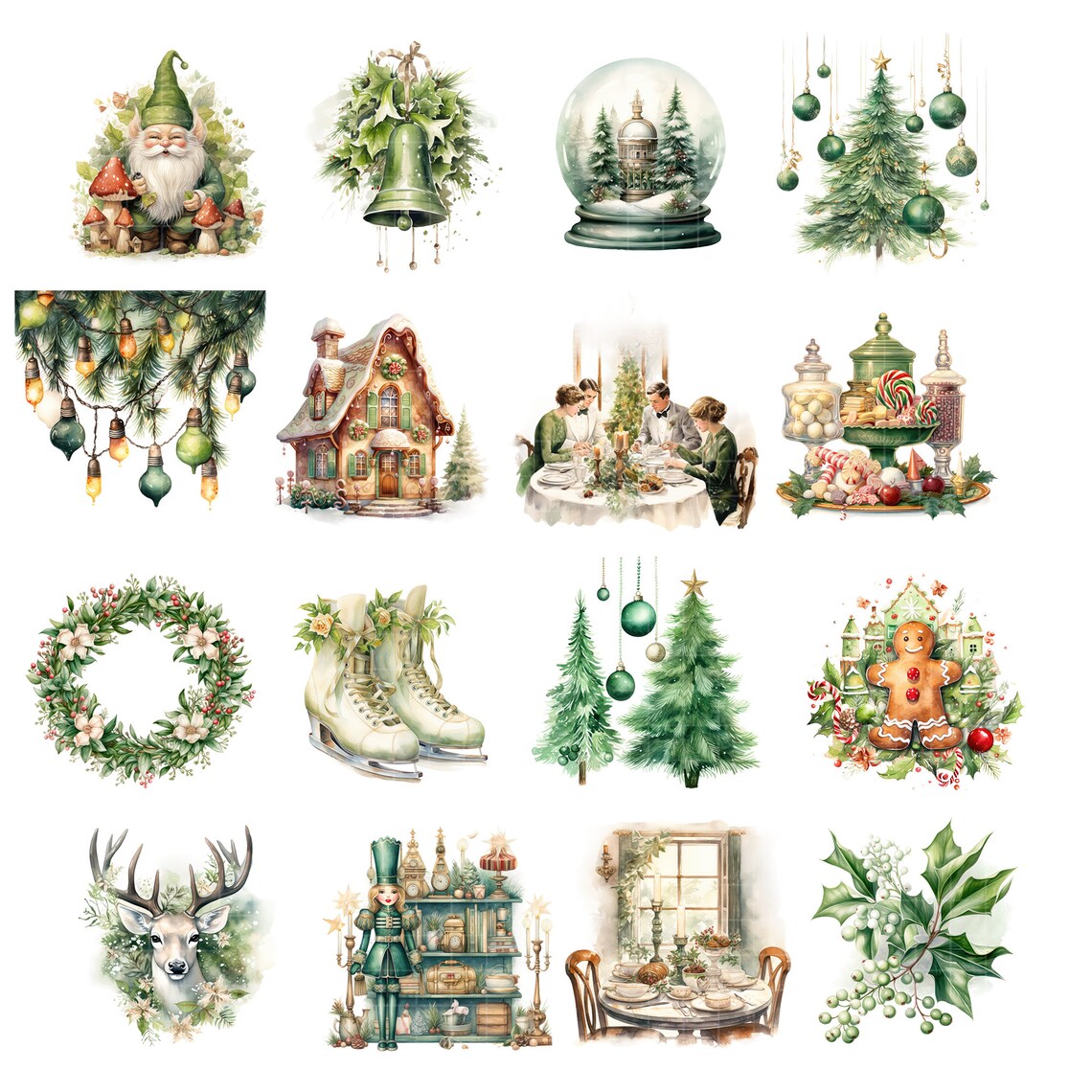 Green Christmas PNG Clipart Bundle Watercolor Green Cottagecore ...