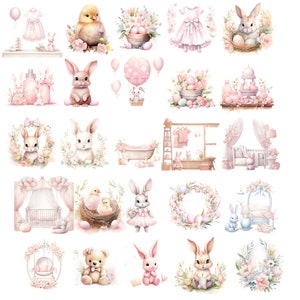 Pink Easter Clipart Baby Girl Watercolor Easter Bunny Clipart Bundle ...