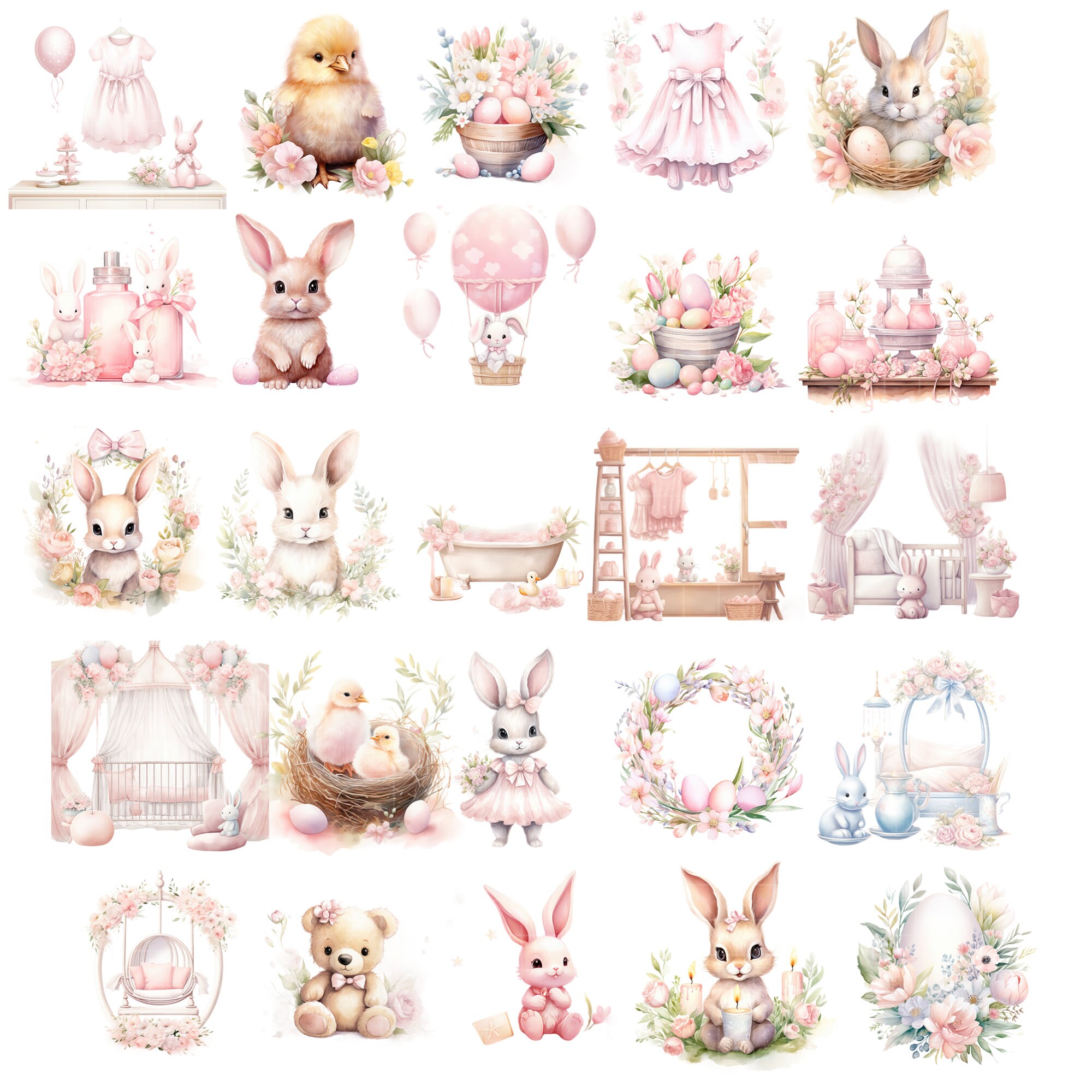 Pink Easter Clipart Baby Girl Watercolor Easter Bunny Clipart Bundle ...