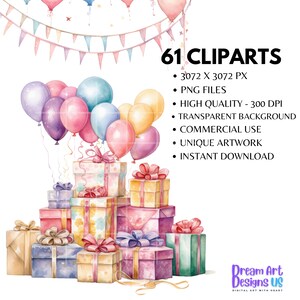 Watercolor Birthday Clipart Bundle Party Cake Birthday Present Balloon ...