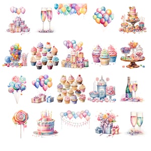 Watercolor Birthday Clipart Bundle Party Cake Birthday Present Balloon ...