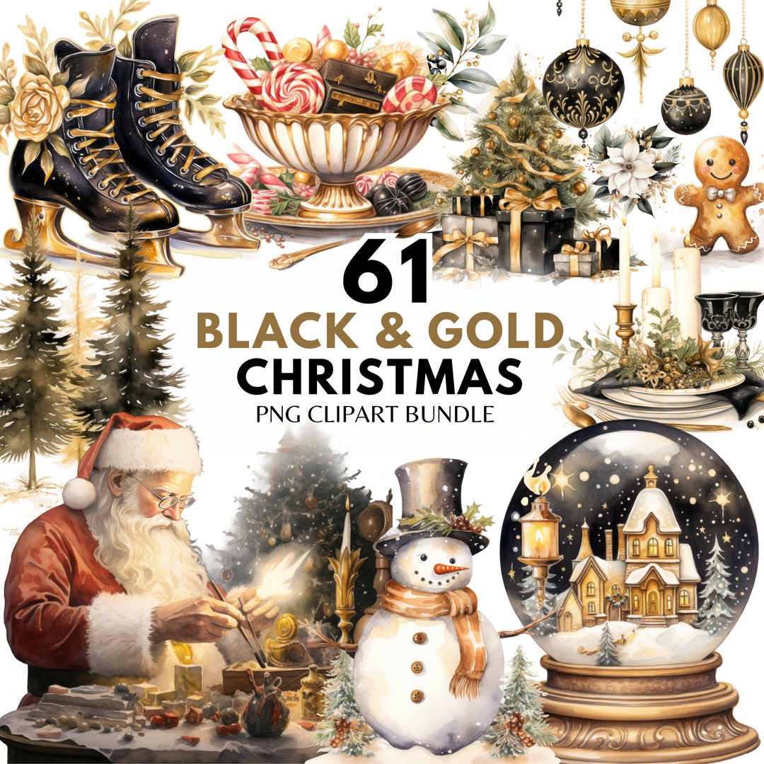 Black & Gold Christmas PNG Clipart Bundle Watercolor Black and Gold ...
