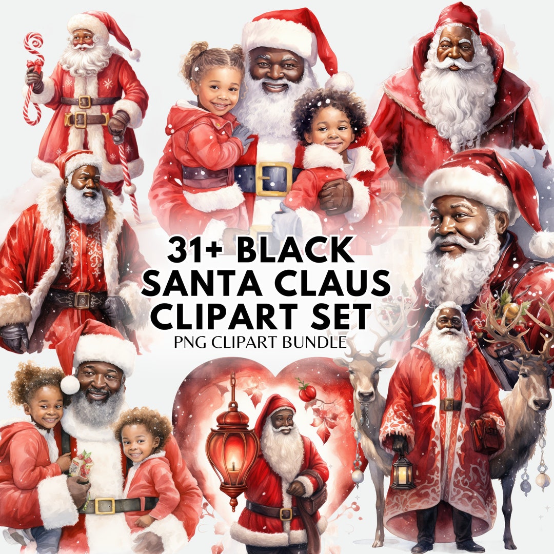 Watercolor Black Santa Claus Clipart Bundle Christmas PNG Black ...