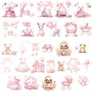 Baby Girl Baby Shower Watercolor Clipart Bundle Newborn Baby Clipart ...