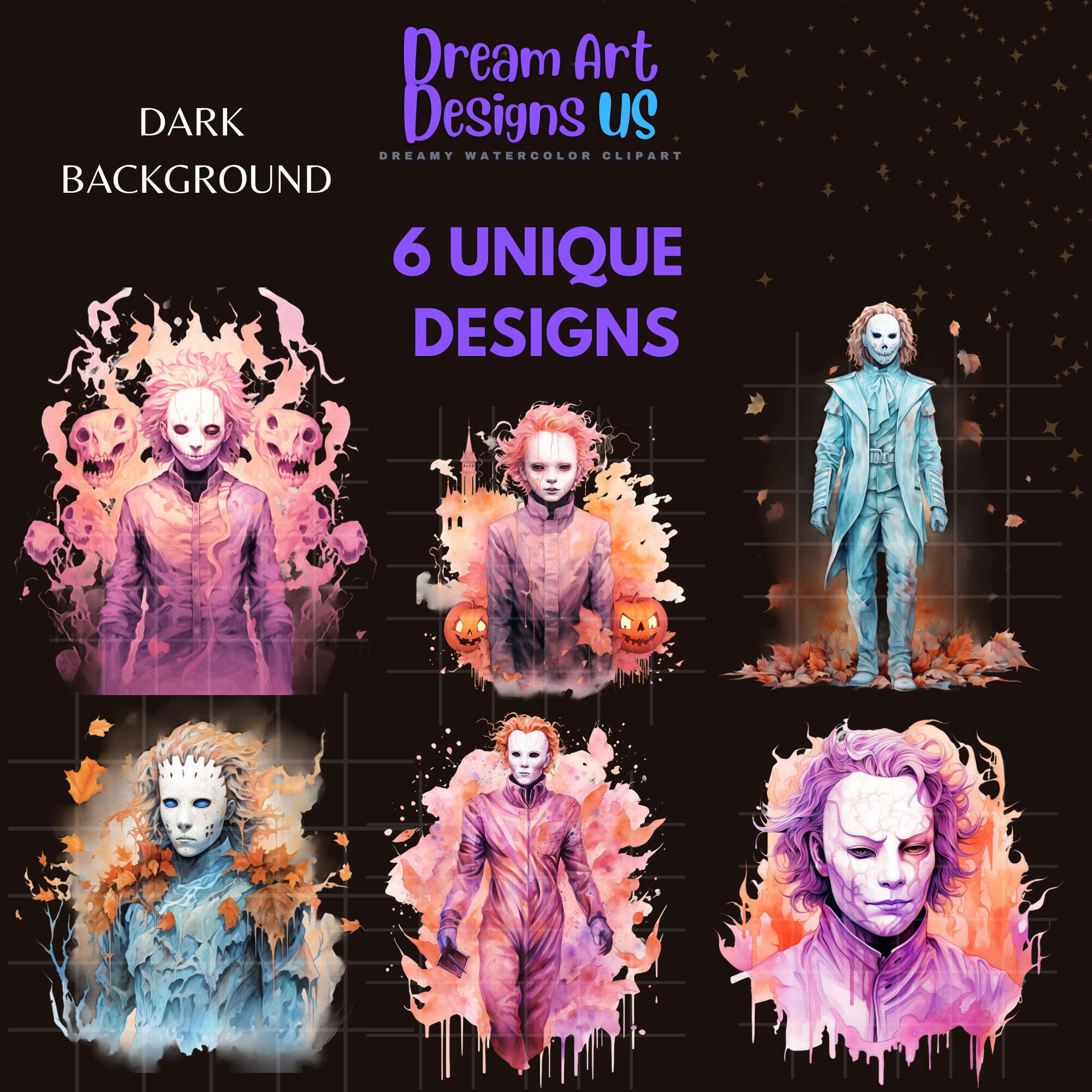 Pastel Halloween Horror Character Clipart PNG Bundle - Spooky Scary ...