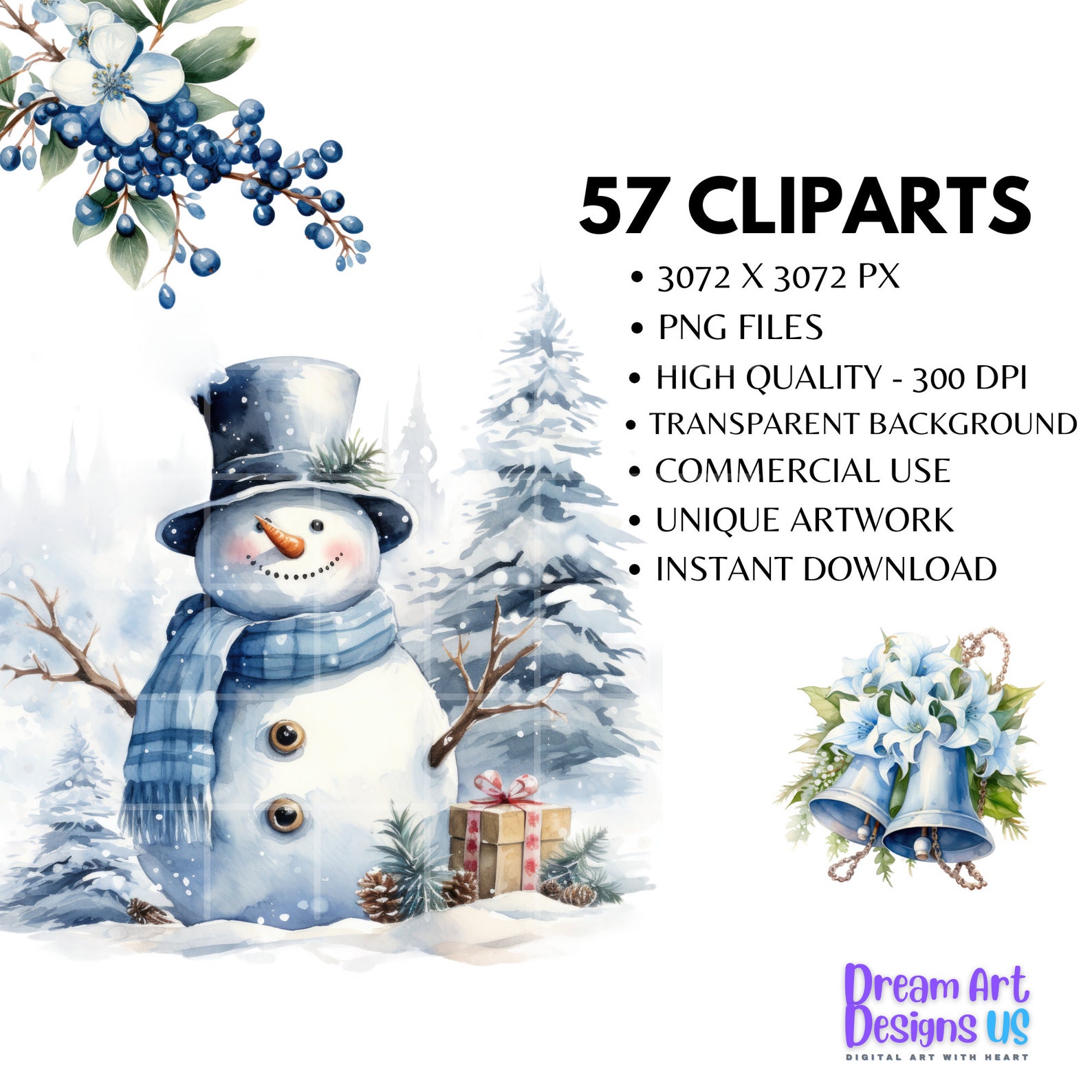 Blue Christmas Clipart Bundle, Watercolor Cottagecore PNG (digital ...