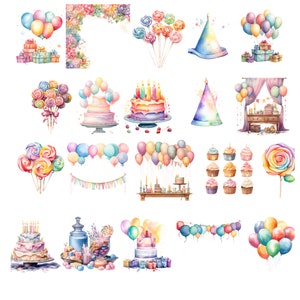Watercolor Birthday Clipart Bundle Party Cake Birthday Present Balloon ...