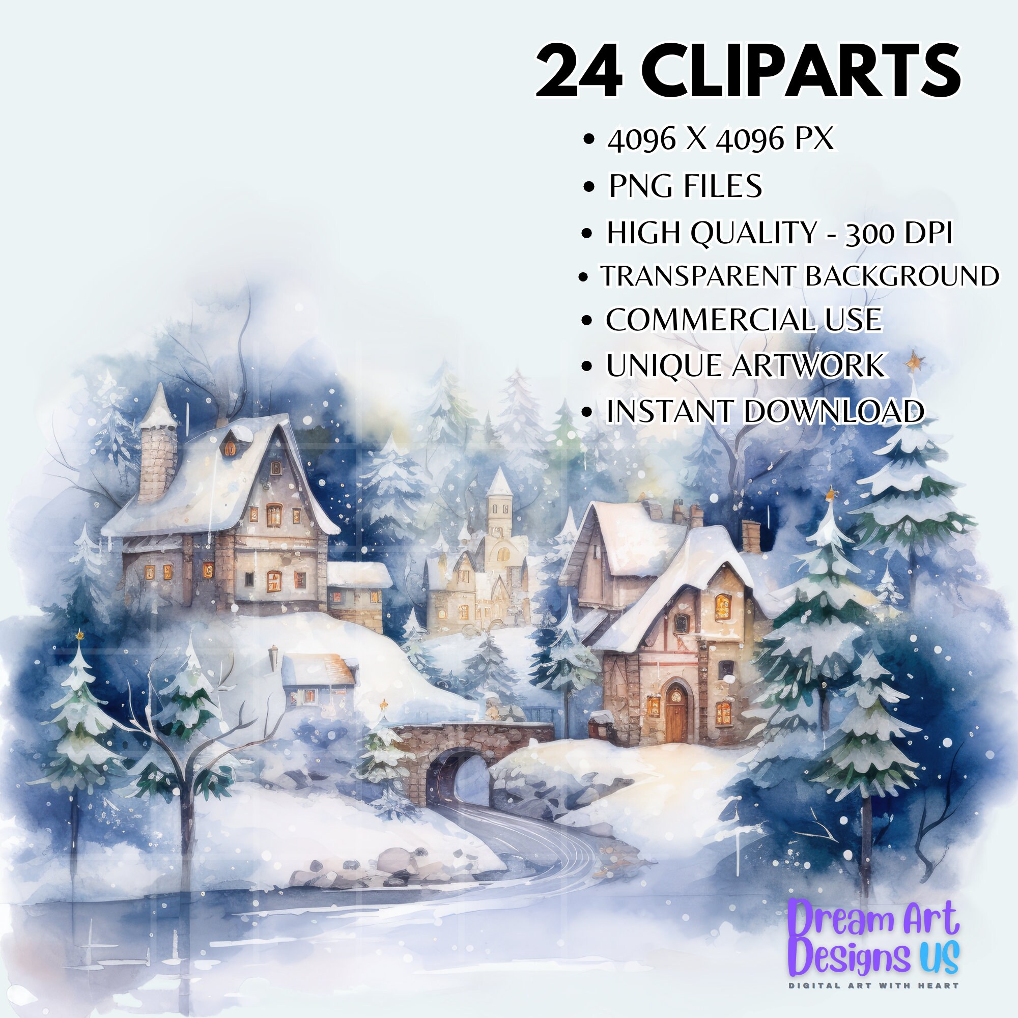 Watercolor Christmas Winter Clipart PNG | Watercolor Landscapes Pastel ...