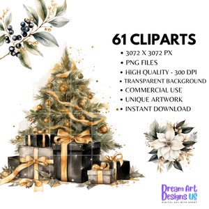 Black & Gold Christmas PNG Clipart Bundle Watercolor Black and Gold ...