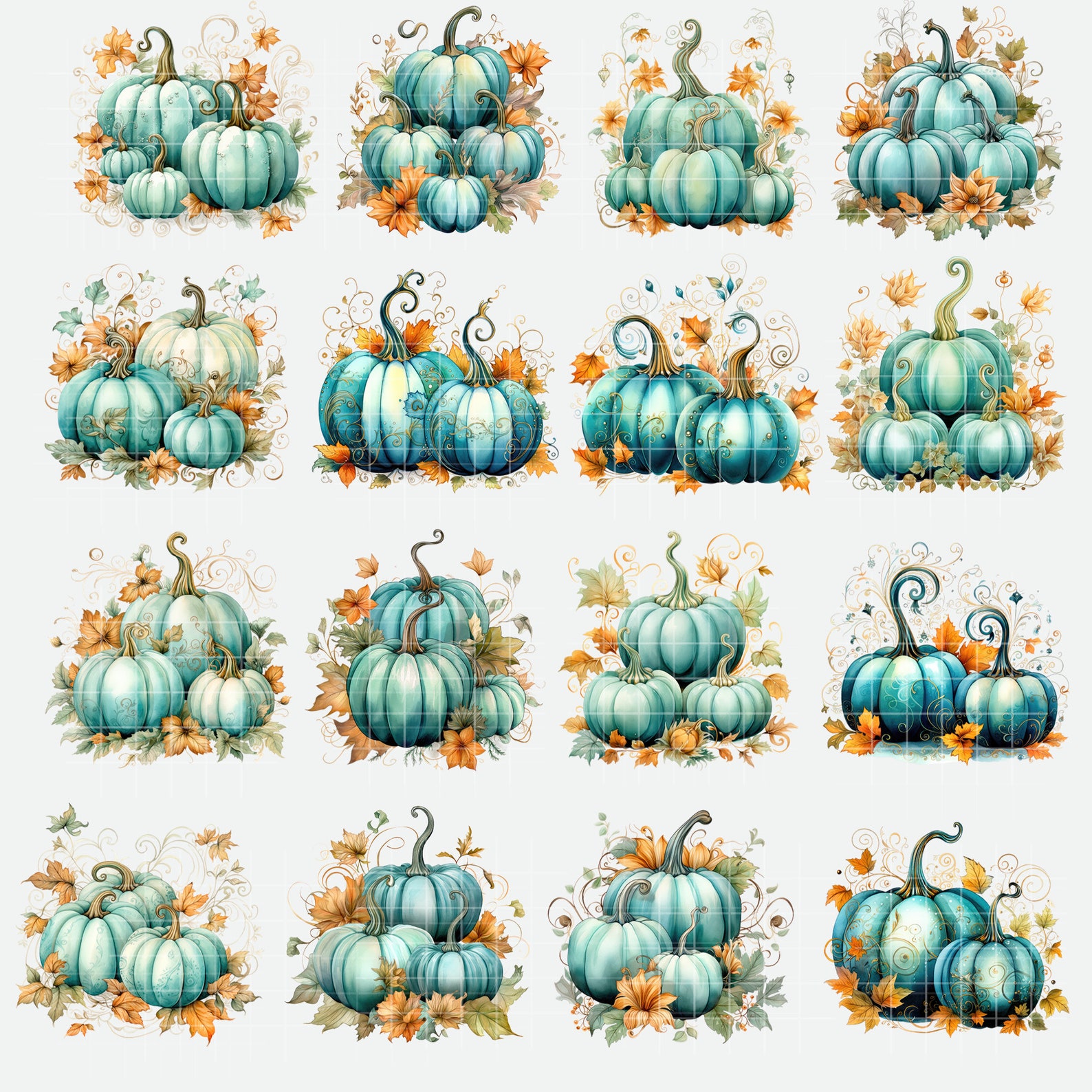 Teal Pumpkin PNG Fall Clipart Bundle Pumpkin Teal PNG Watercolor Autumn ...
